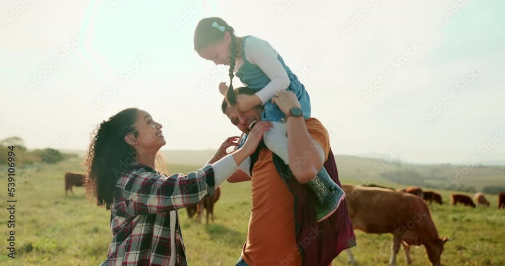Love, farm animal and happy family play together, bond and enjoy fun ...