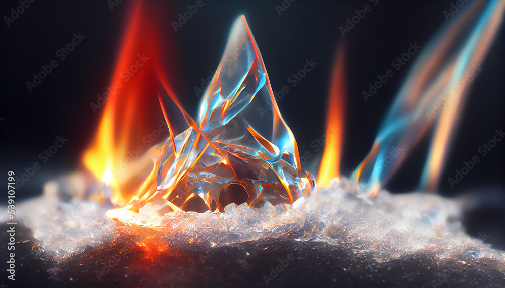 ภาพประกอบสต็อก melt ice crystals burning with red yellow fire. Cold ...
