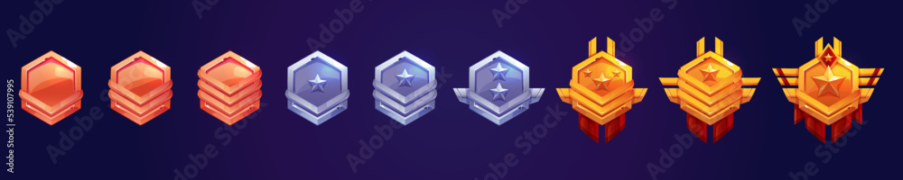 Game rank icons, level badges, bronze, silver and gold metallic ui ...