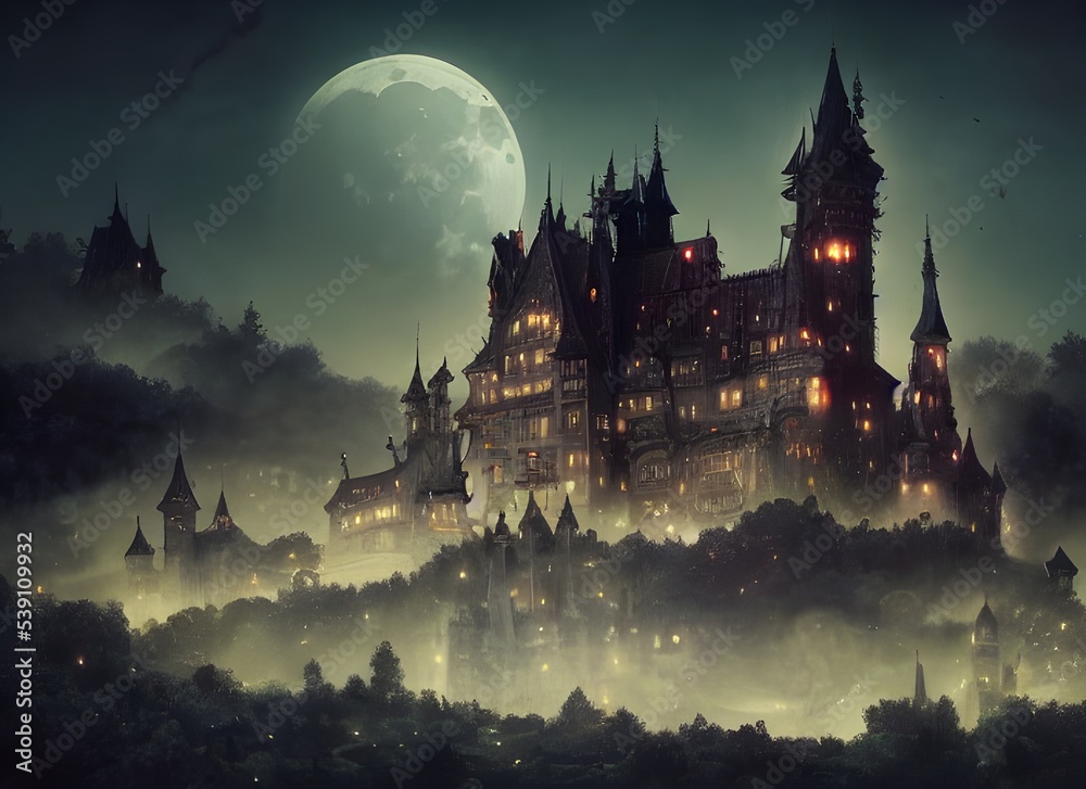 Fantasy castle on a full moon night. Stock Illustration | Adobe Stock