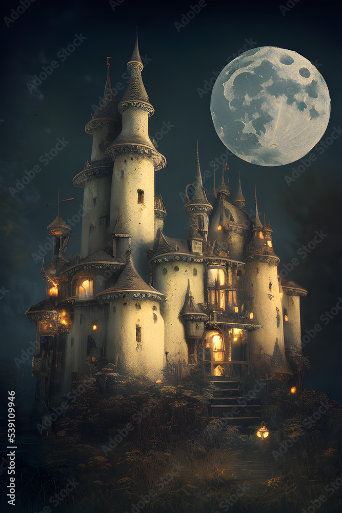 Fantasy castle on a full moon night. Stock Illustration | Adobe Stock