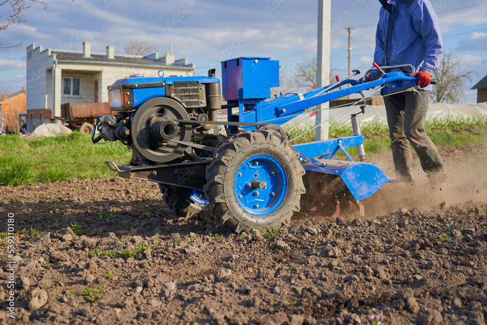 working in the field on a two-wheeled tractor,farmer with tractor ...