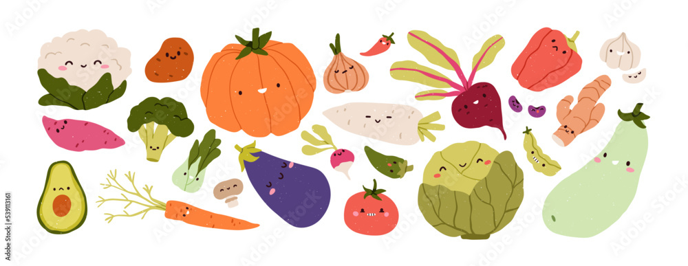 Cute vegetables with fun faces. Happy food characters set. Funny ...