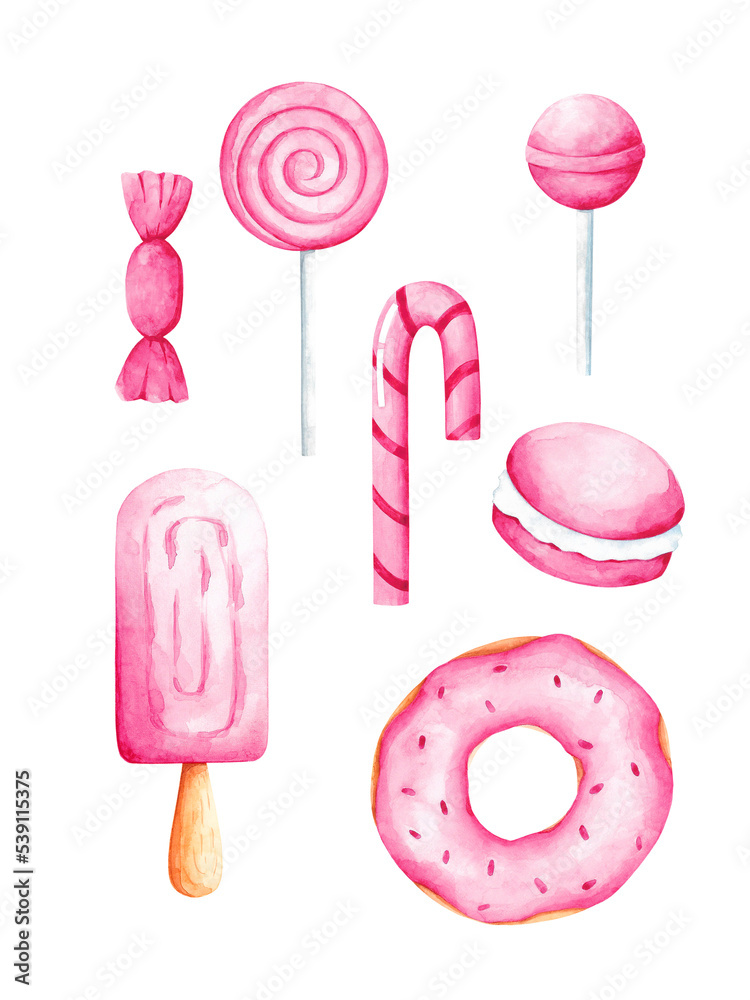 Watercolor pink candy clip art set isolated on transparent background ...