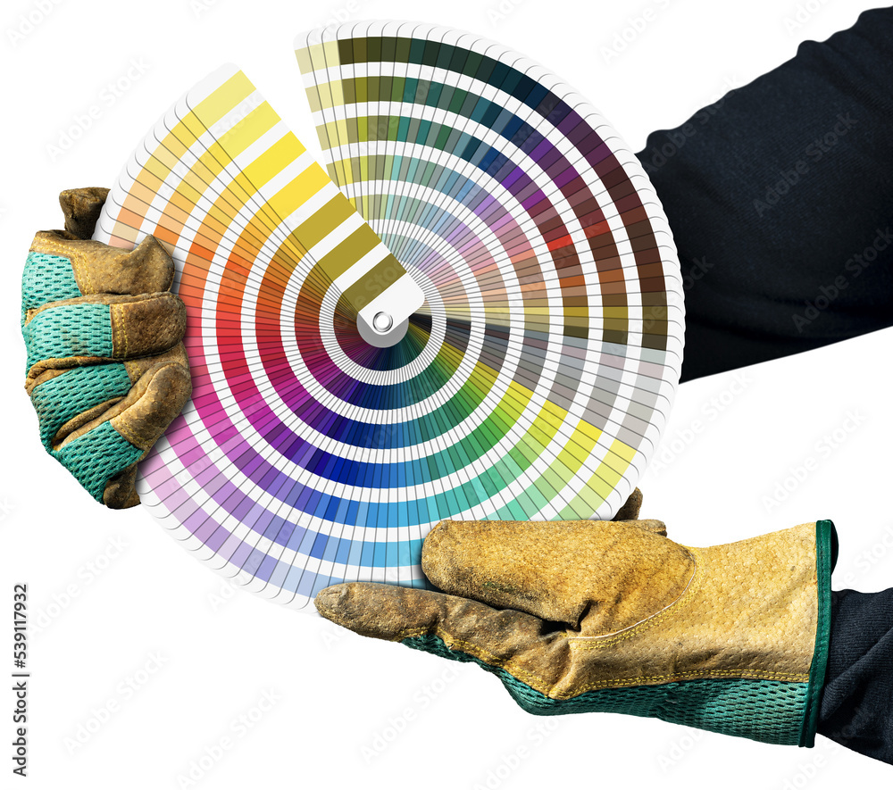 Manual worker with protective work gloves holding a pantone color ...