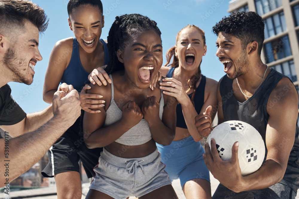 Soccer teamwork, winner and success celebration in fitness workout ...