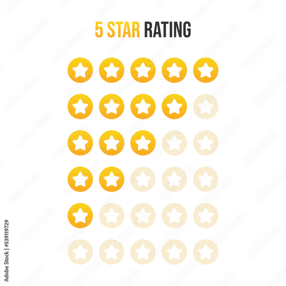 5 star rating. Design elements, round icons for rating from 5 stars to ...