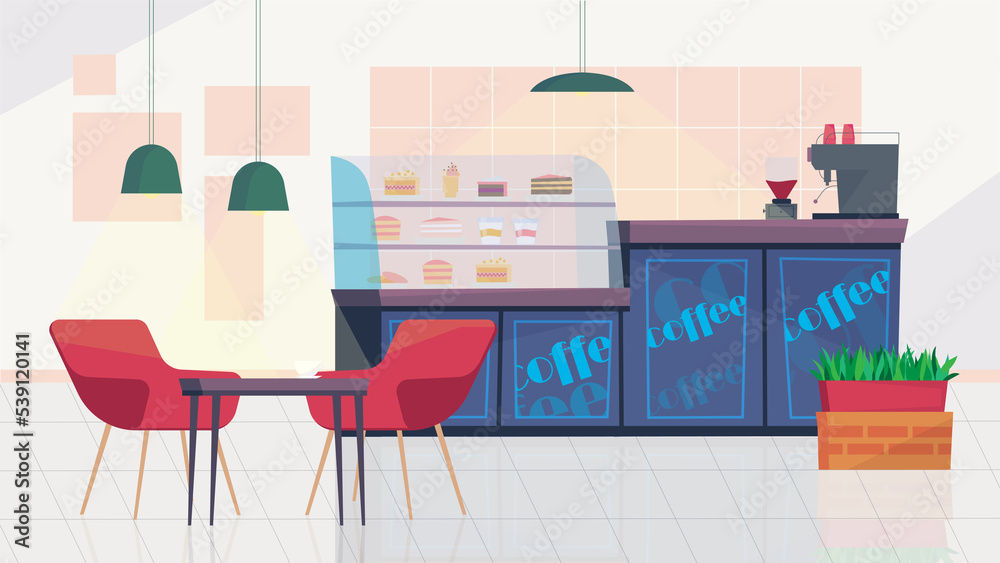 City cafe inside interior, banner in flat cartoon design. Showcase with ...