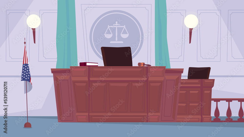 Empty courtroom interior, banner in flat cartoon design. Judge ...