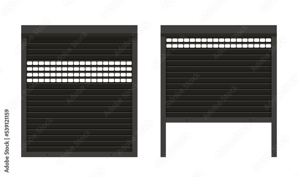 Black closed and ajar perforated roller garage shutter door with ...