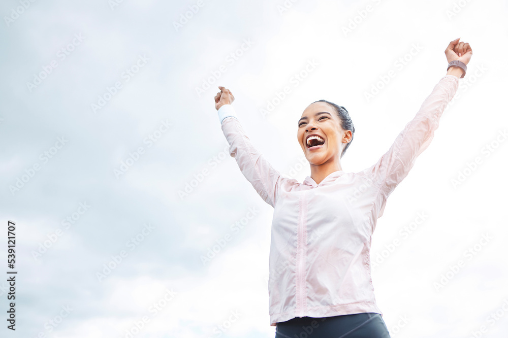 Excited, fitness success and winning woman with power sign, exercise ...
