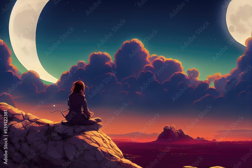 anime girl sitting on a hill and studying, cyberpunk fantasy ...