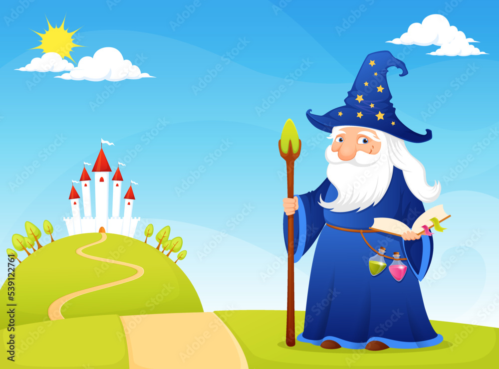 Vecteur Stock cute cartoon illustration for kids - a funny old wizard ...