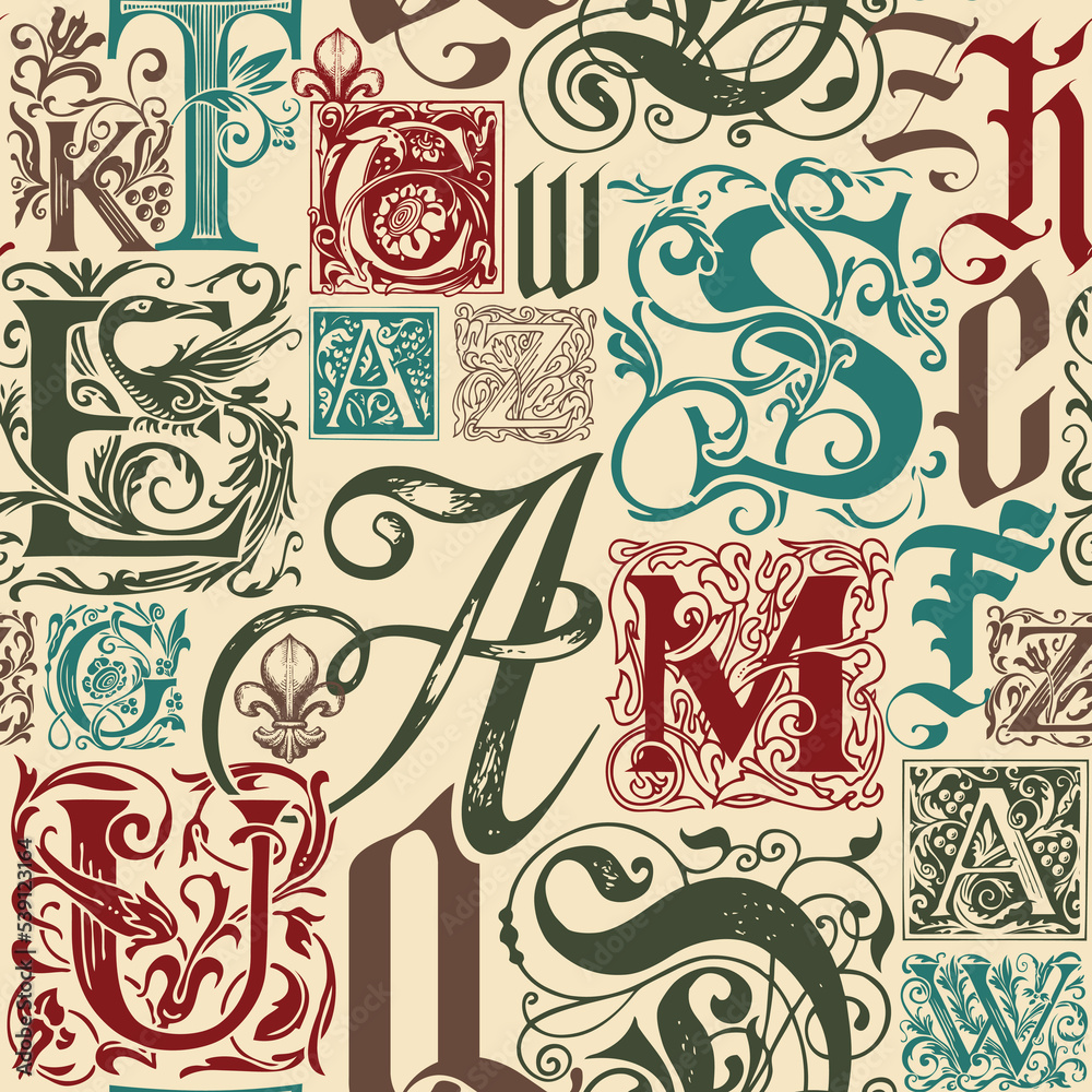 Vector seamless background pattern with hand-drawn initial and capital ...
