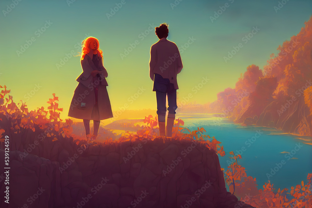 lovely cute couple standing on a hill in front of a lake, animation ...