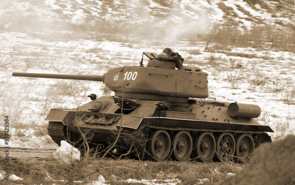 Soviet tank T-34 during historical reenactment of 1945 WWII Stock Photo ...