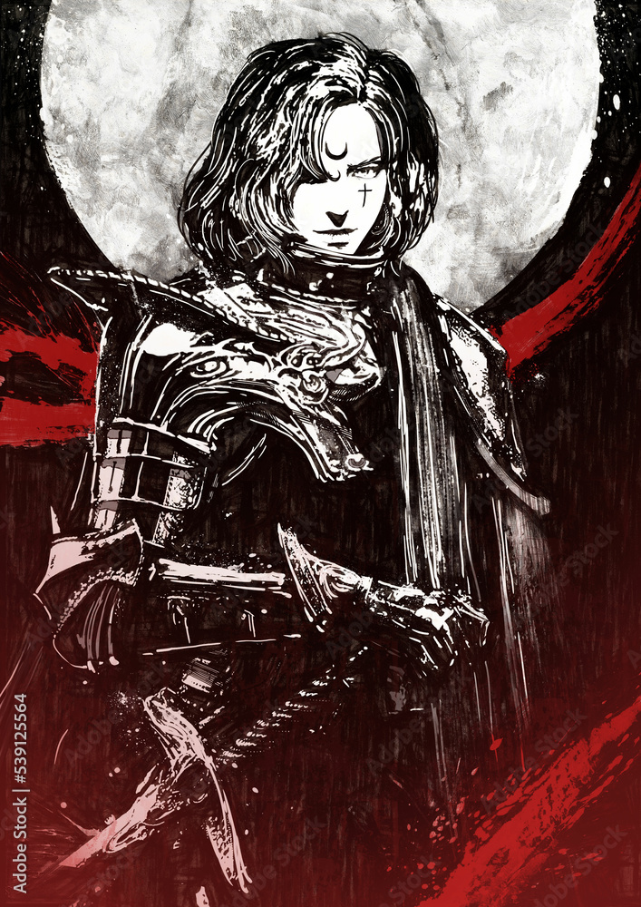 A smug vampire knight in black plate armoragainst the background of the ...