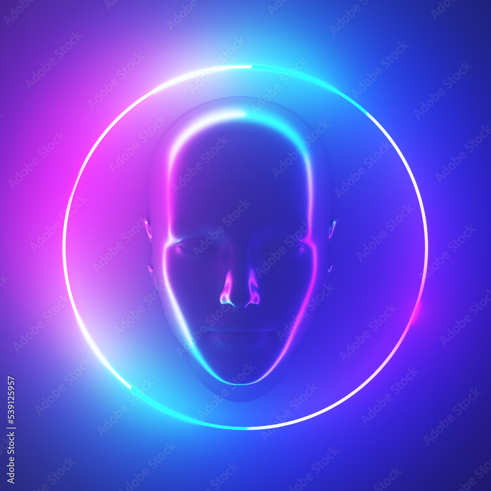 3d rendered illustration of a metal face in neon light Stock ...
