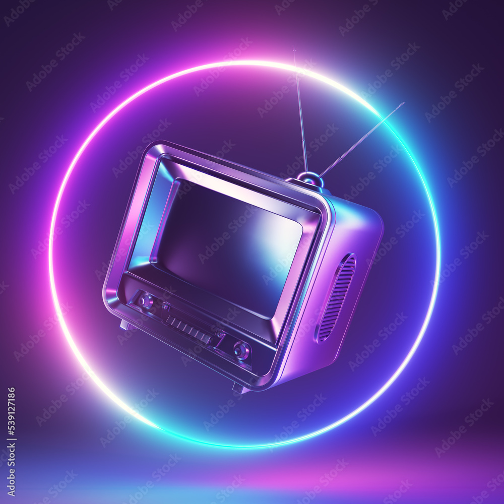 3d rendered neon light illustration of a chrome TV Stock Illustration ...