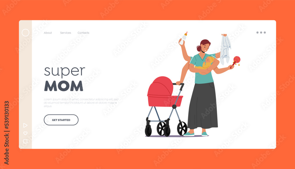 Super Mom Landing Page Template. Mother with Many Arms Holding Newborn ...