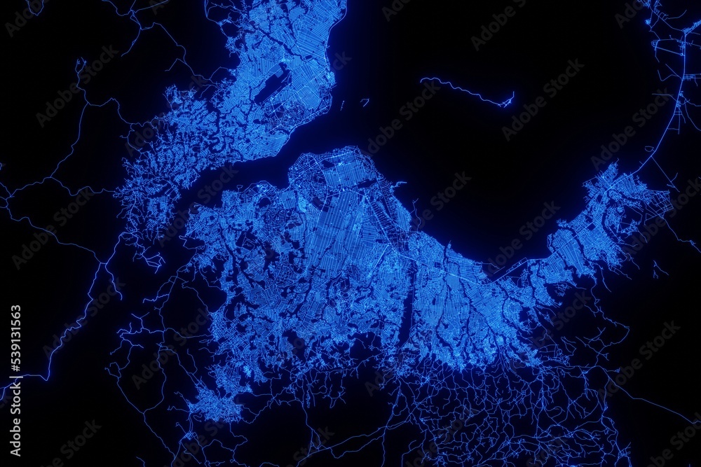 Street map of Kinshasa (Congo) made with blue illumination and glow ...