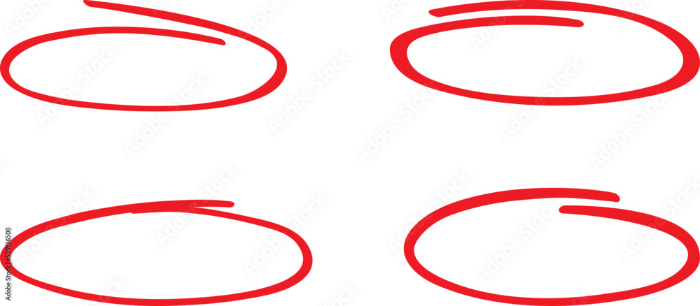 Red circle, pen draw set. Highlight hand drawing different circles ...