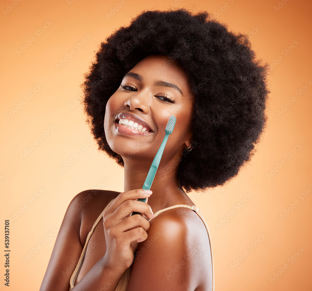 Black woman and portrait with toothbrush for dental wellness and teeth whitening in orange ...
