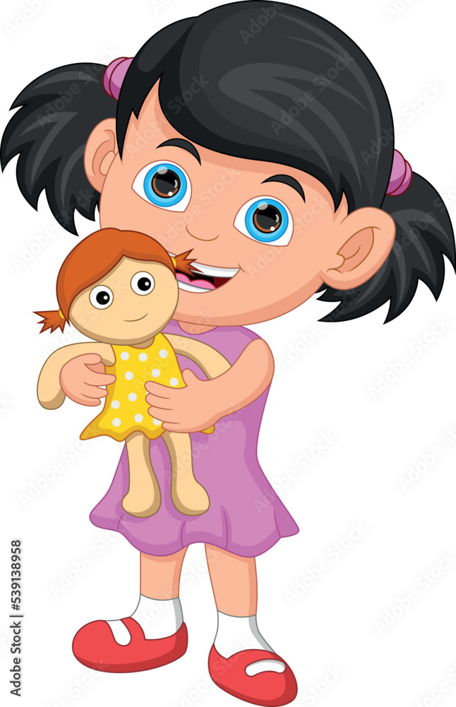 cartoon little girl holding a doll Stock Vector | Adobe Stock