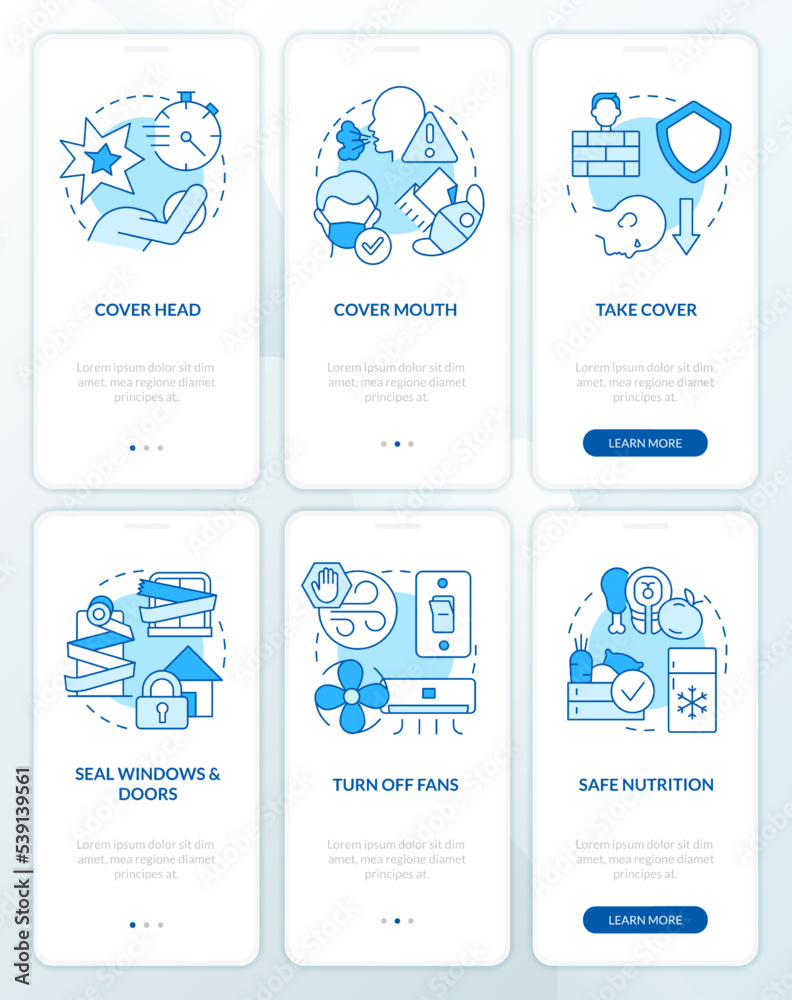 Actions Outside And At Home Blue Onboarding Mobile App Screen Set Walkthrough 3 Steps Editable