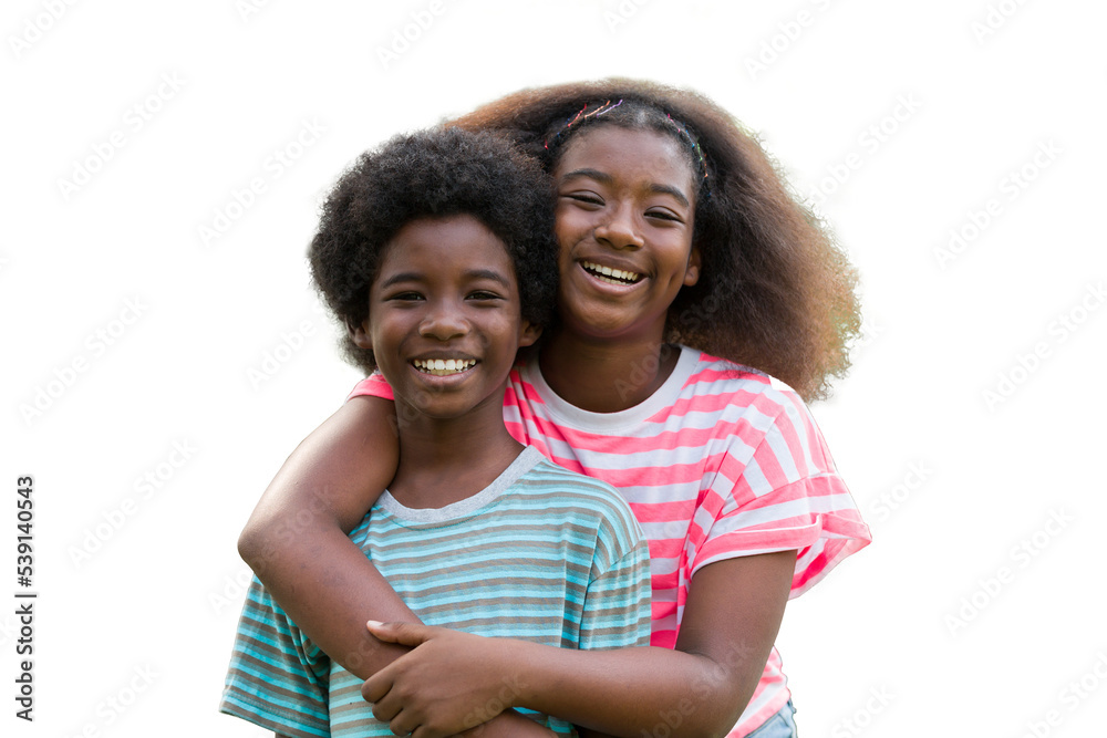 Smiling African American boy and girl playing and hugging together on transparent background ...
