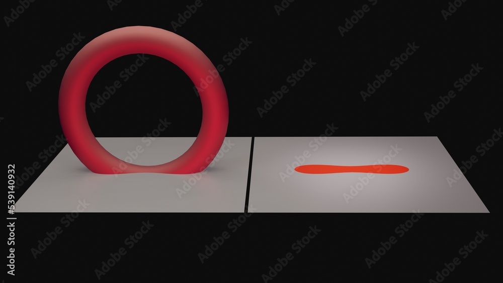 3d torus intersecting 2d plane, revealing cross sections where both ...