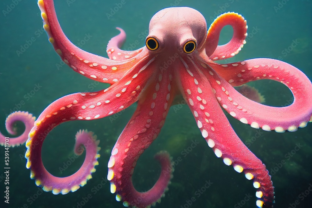 Pink octopus in sea moving among coral in ocean shallow. Creature ...