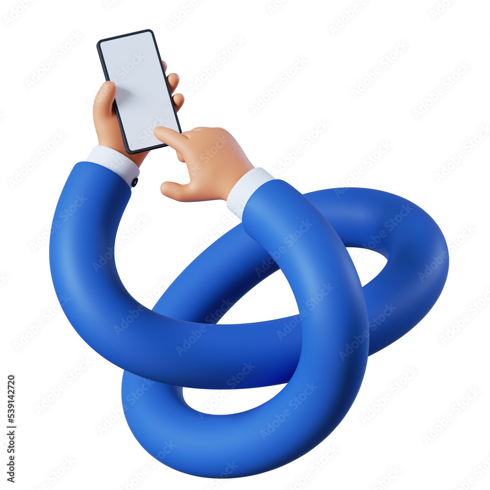 3d render, funny elastic cartoon hands hold smart phone with blank ...