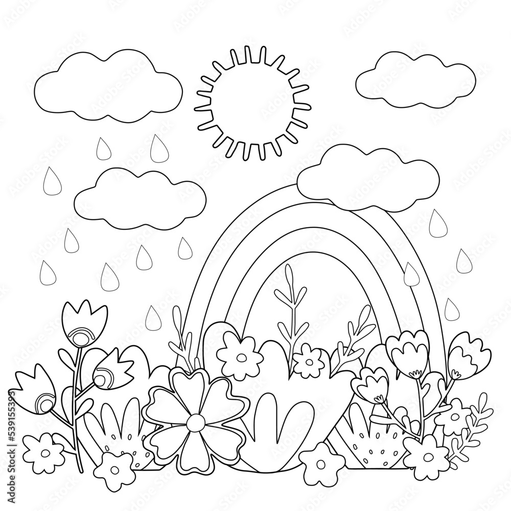 Cute kids coloring page with cloud, rain, sun, flowers. For small ...