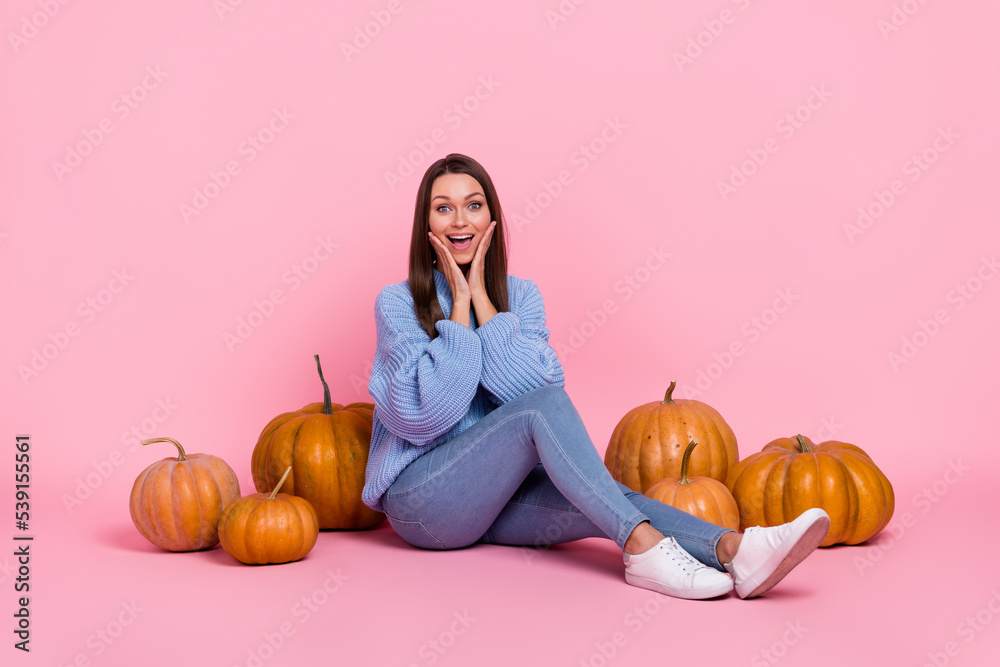 Full body photo of young excited girl sit floor hands touch cheeks big ...