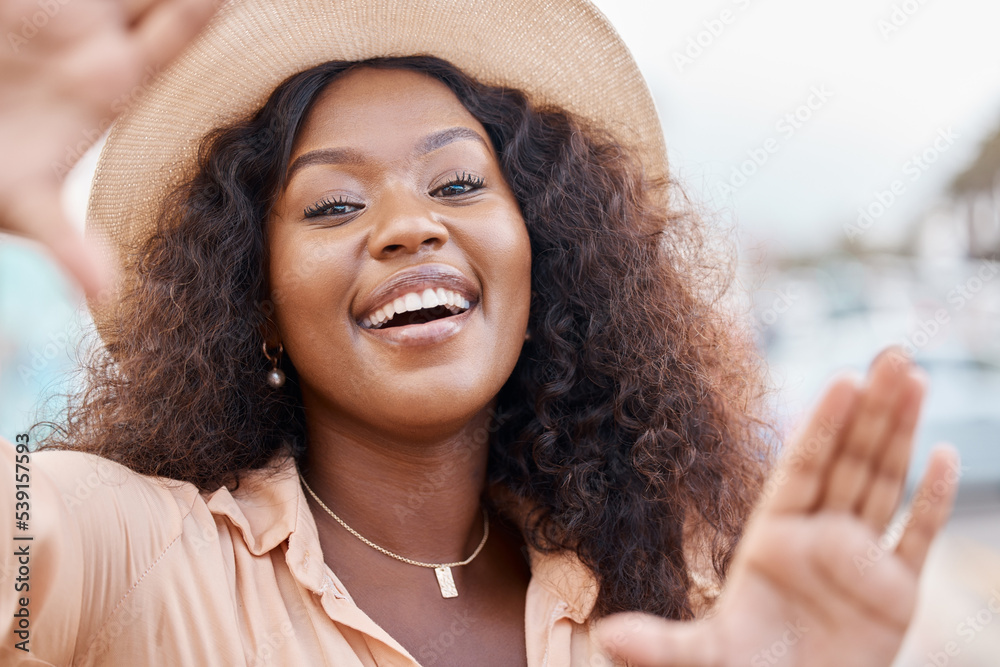 Black woman, portrait smile and travel hands for picture perfect day on ...