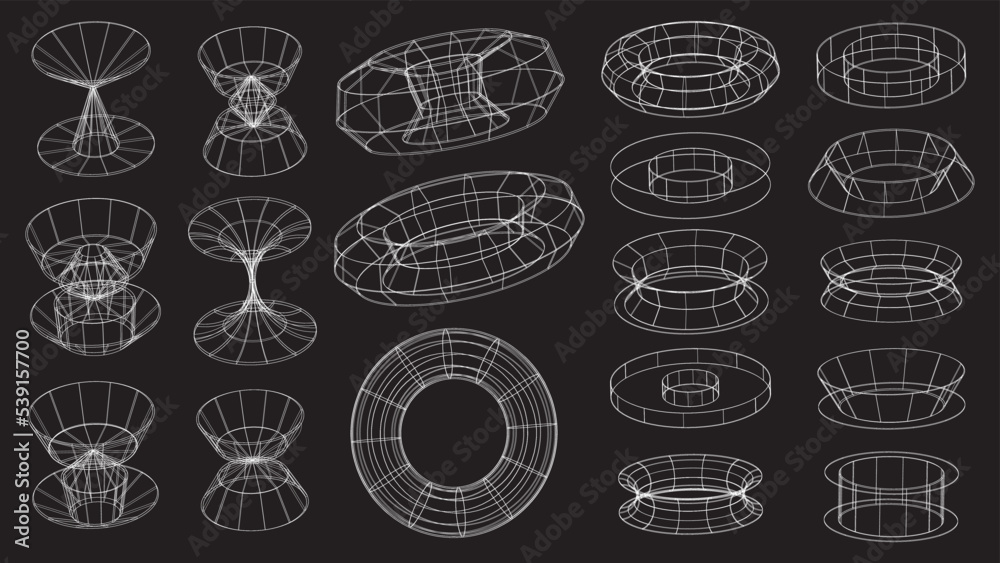 Set of abstract geometric technology elements in cyberpunk style. Retro vintage collection ...
