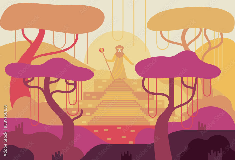Statue of an ancient god at the top of the pyramid, vector cartoon ...