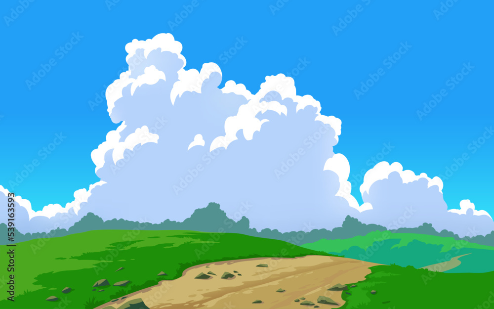 Vector landscape sky hills clouds. Anime cartoon style. Background ...