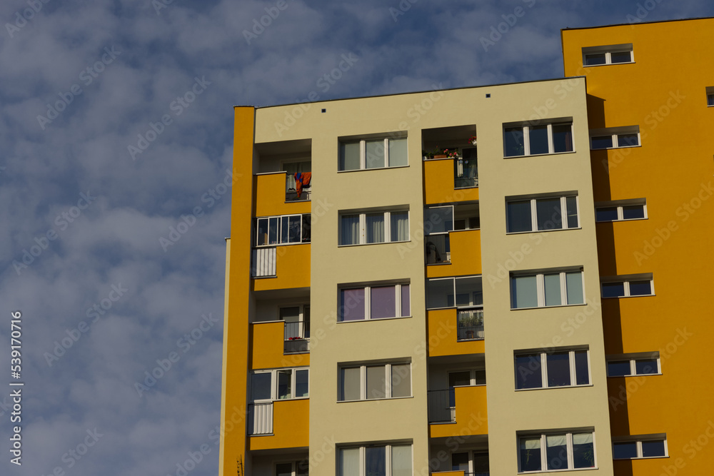 Yellow building in Warsaw, apartment block, panel building, Polish ...