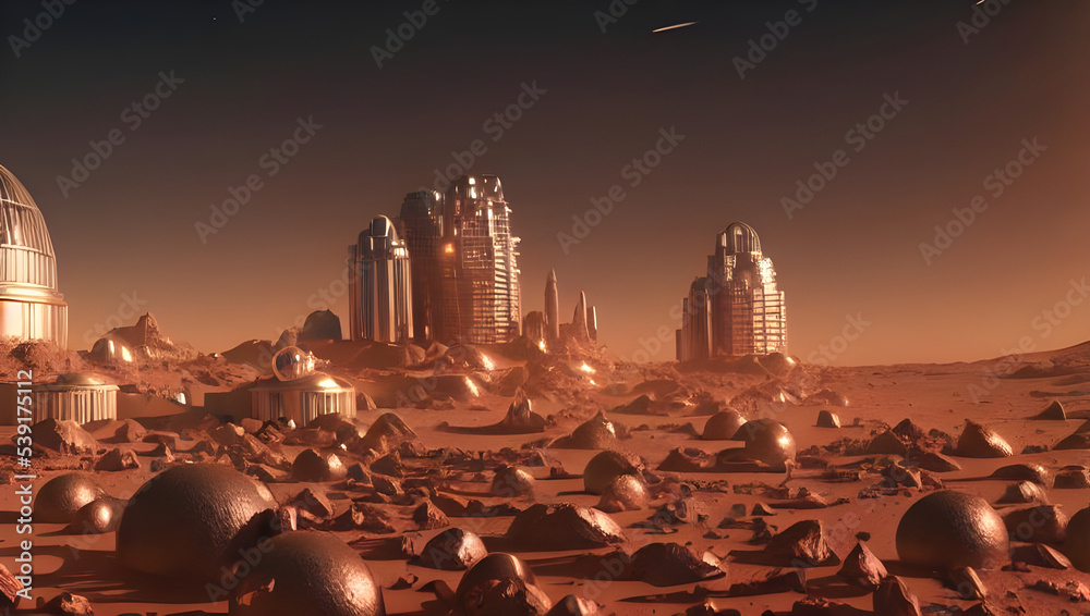 metropolis skyline on mars under a shining glass dome - alien planet ...