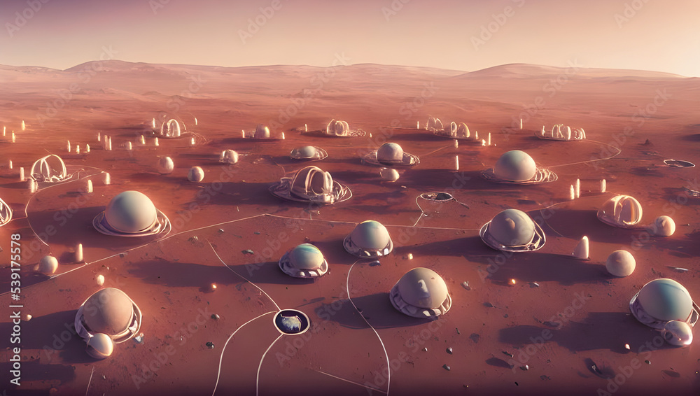 mars base - planet mars colony with geodesic buildings / domes and ...