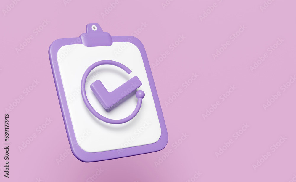 3d purple checklist paper icon isolated on pink background. check marks ...