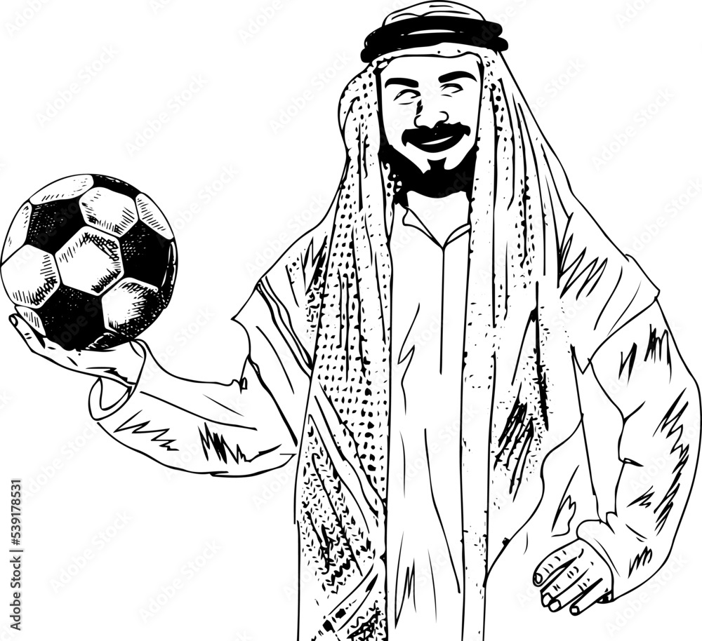 Arab man holding football silhouette for soccer world cup ad banner ...