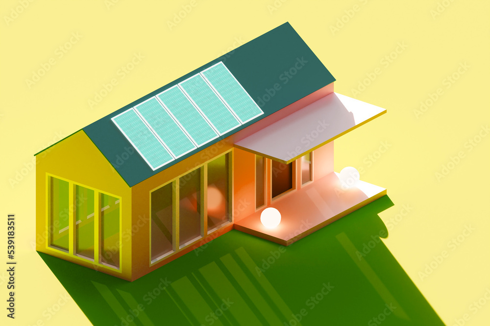 House with solar power plant. Solar panels on building. Mini power ...