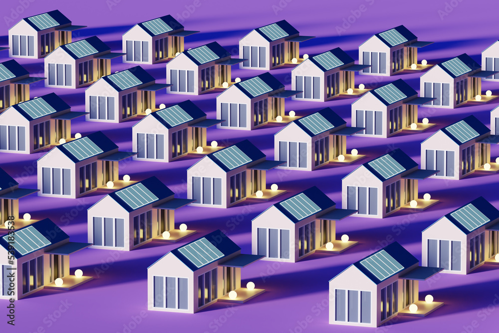 Solar traps. Regenerative energy. Solar photocells on roofs. Village ...