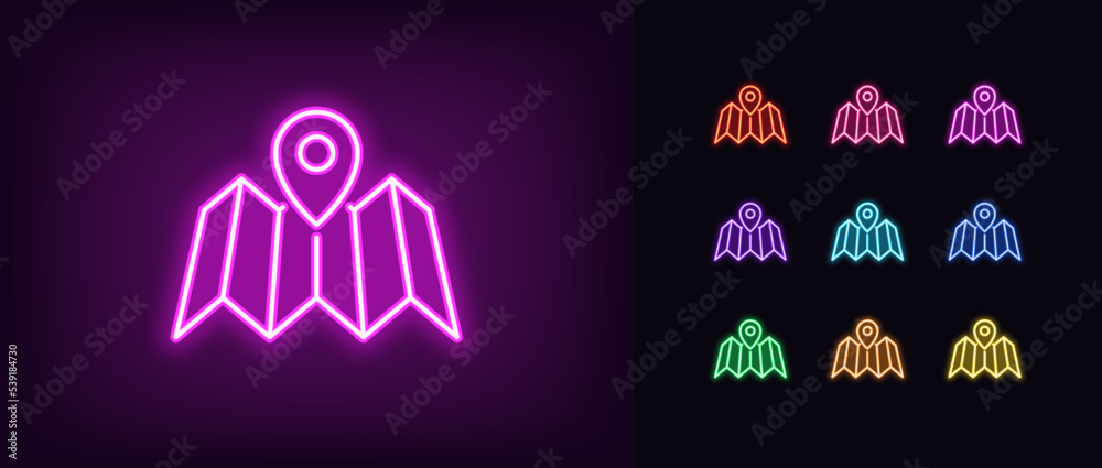 Outline neon map icon. Glowing neon map with pin marker, map pointer pictogram. Navigation ...