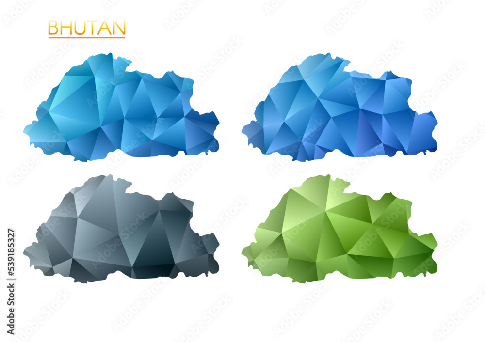Set of vector polygonal maps of Bhutan. Bright gradient map of country ...