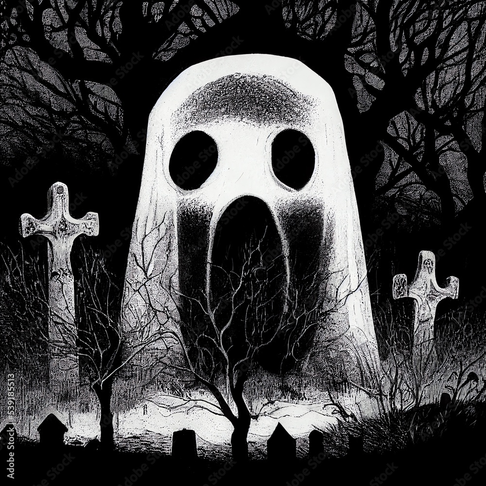 Black and white illustration. Huge white hungry ghost, spooky graveyard ...