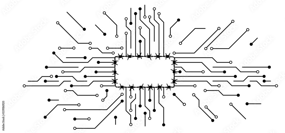 Cartoon barbed wire. Circuit board or electronic motherboard. lines and ...